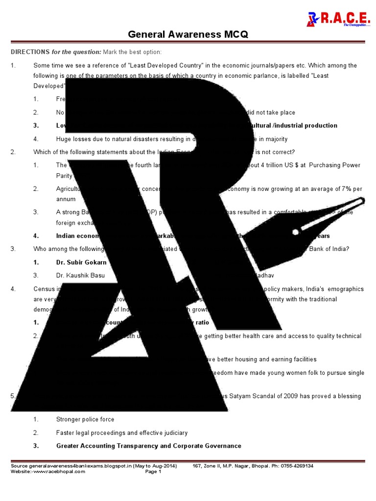 General Awareness MCQ: DIRECTIONS For The Question: Mark The Best ...