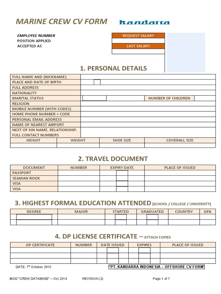Marine Crew CV Form: 1. Personal Details | PDF | Government And Personhood