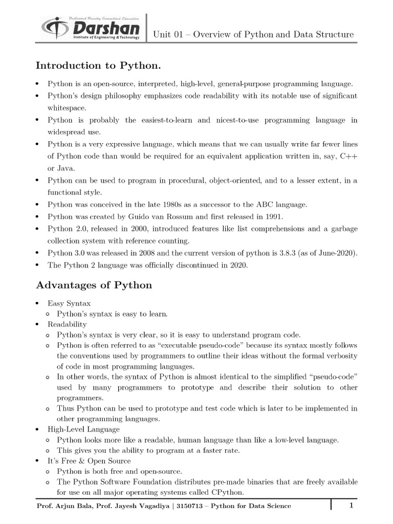 Python GTU Study Material E-Notes Unit-1 12012021081509AM | PDF ...
