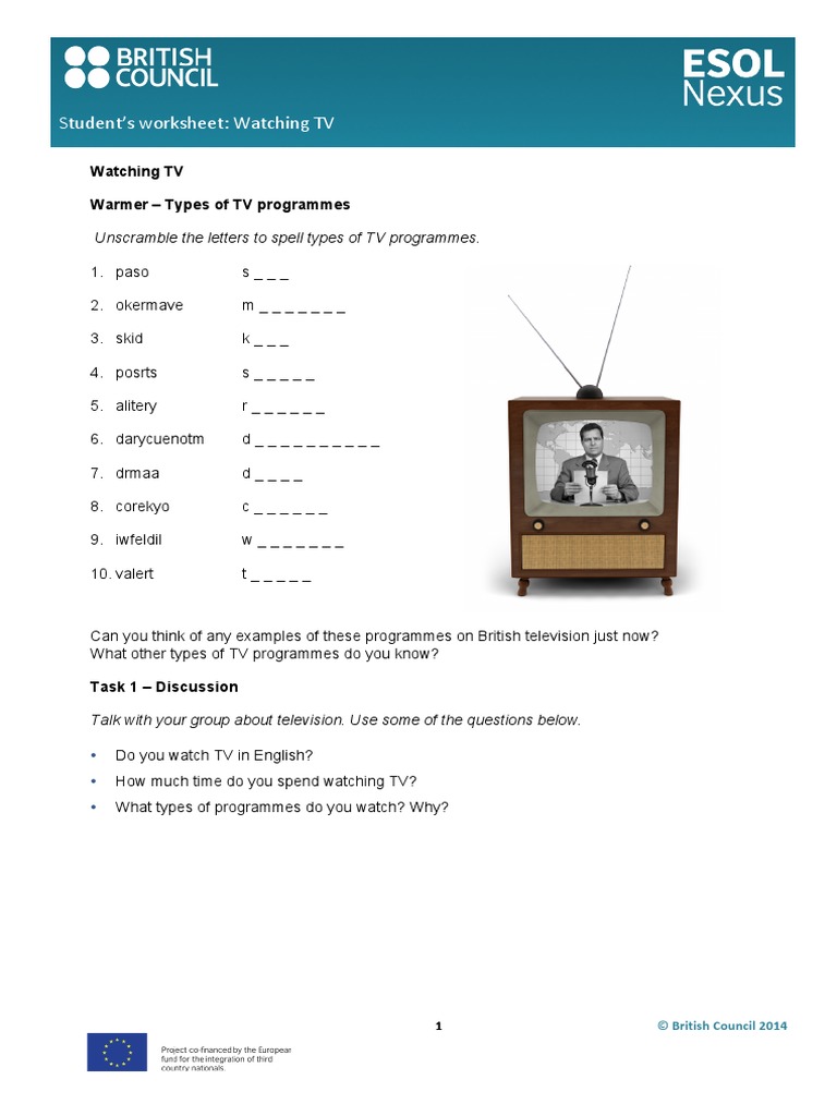 Student's Worksheet: Watching TV Televisi On/adj Ectives | PDF | Adverb