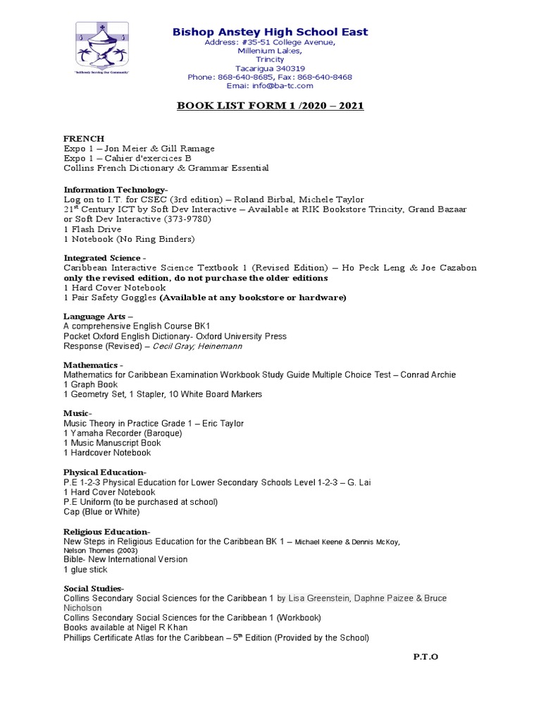 BOOK LIST FORM 1 /2020 - 2021: Bishop Anstey High School East | PDF ...