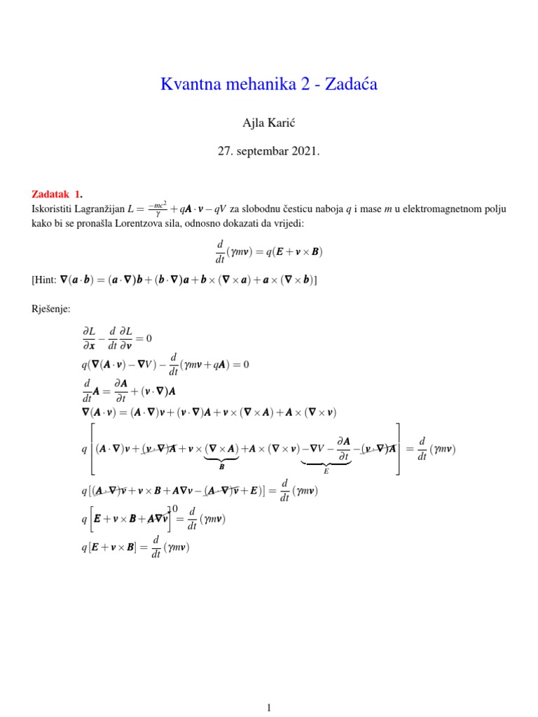 Kvantna Mehanika 2 - Zadaća | PDF