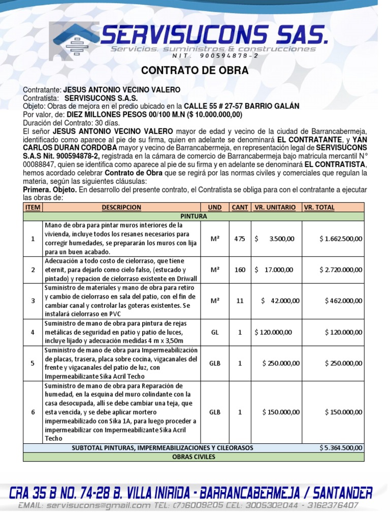 Contrato de Obra | PDF | Materiales de construcción | Ingeniería de Edificación