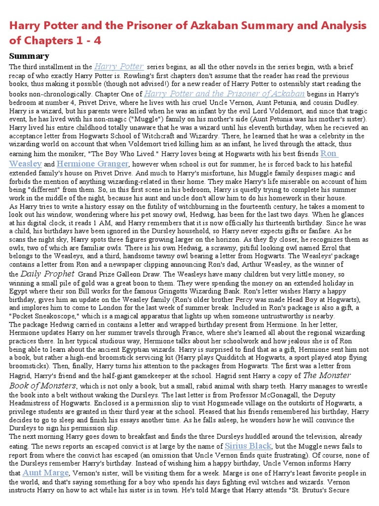 Harry Potter and The Prisoner of Azkaban Summary and Analysis of ...