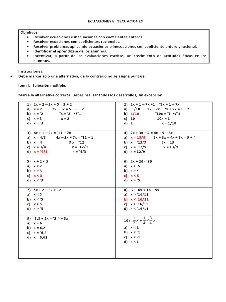 Guía Ecuaciones e Inecuaciones 7° | PDF | Matemáticas | Matemática ...