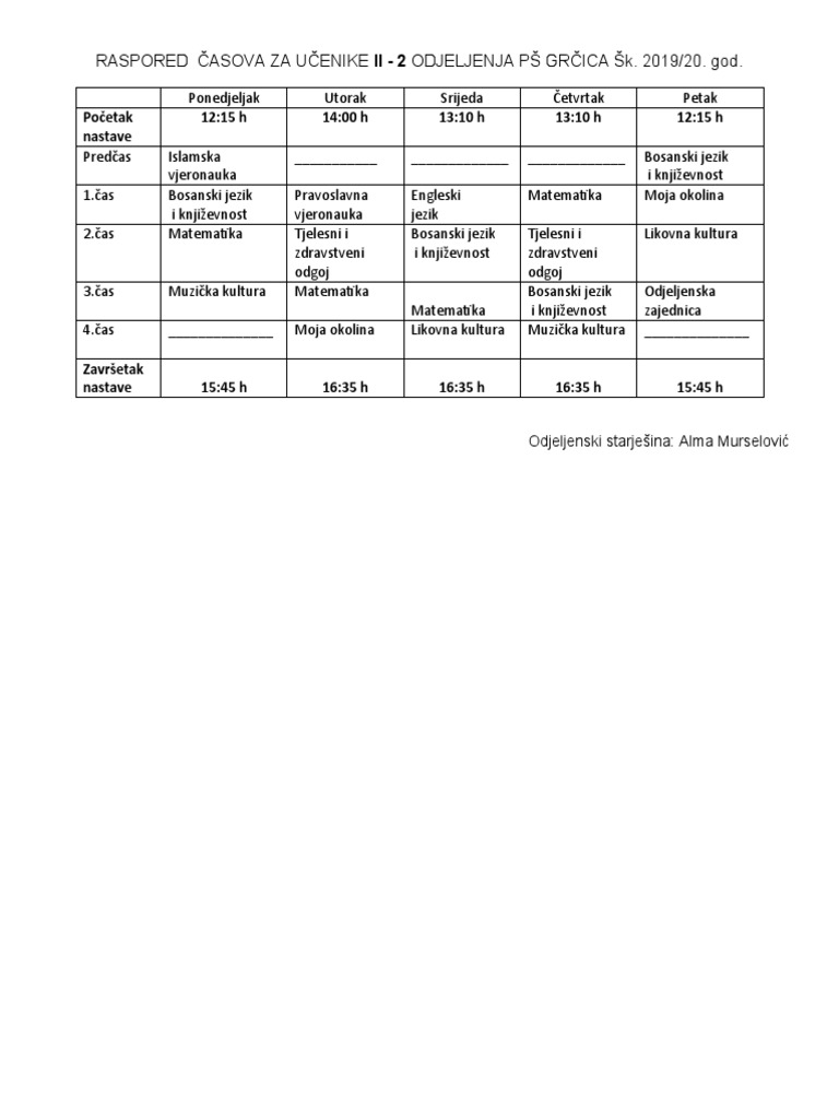 Raspored Casova Za Ucenike II-2 | PDF