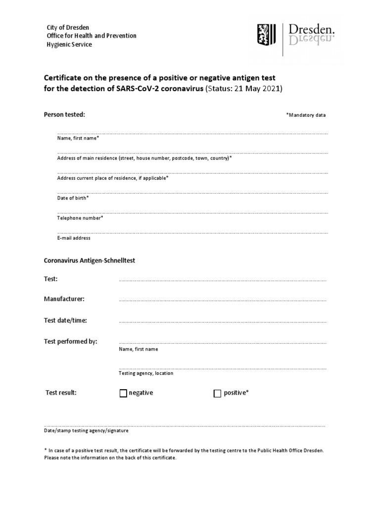 Certificate On The Presence of A Positive or Negative Antigen Test For ...