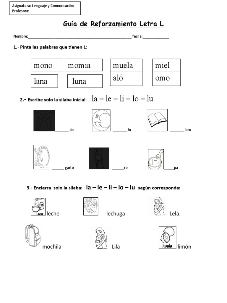 Guia de Reforzamiento Letra L | PDF