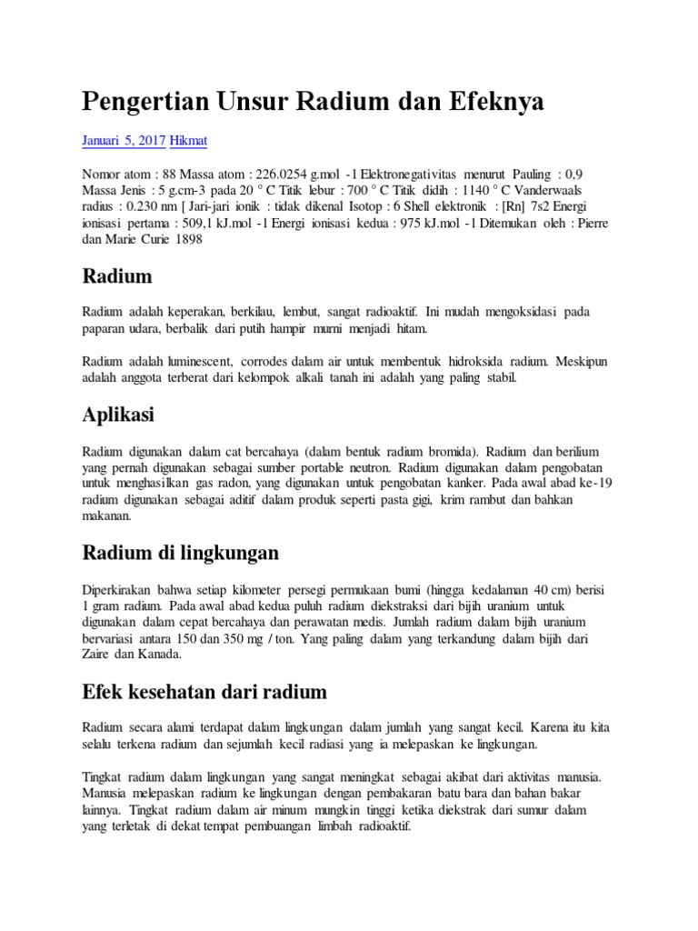Radium: Sifat, Aplikasi, dan Dampak Kesehatan | PDF