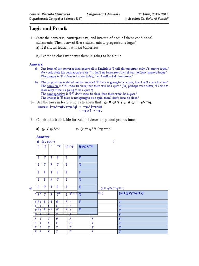 Assignment 1 Logic Answers | PDF | Argument | Logical Expressions