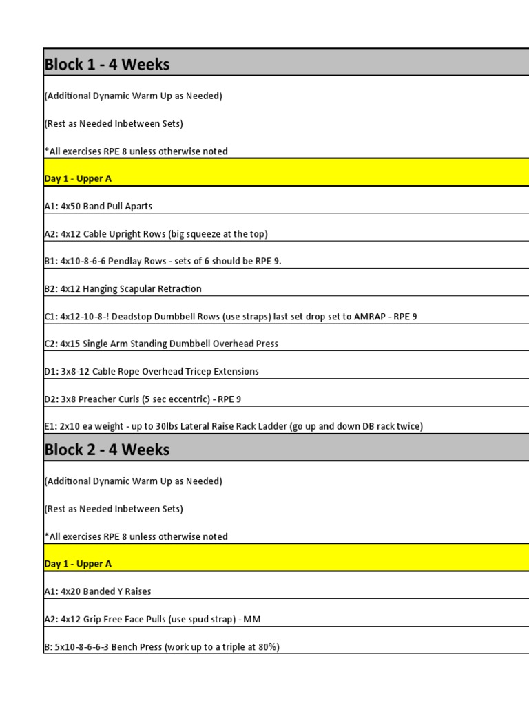 Block 1 & 2 Upper Body Push, Pull and Lower Body Strength Training ...