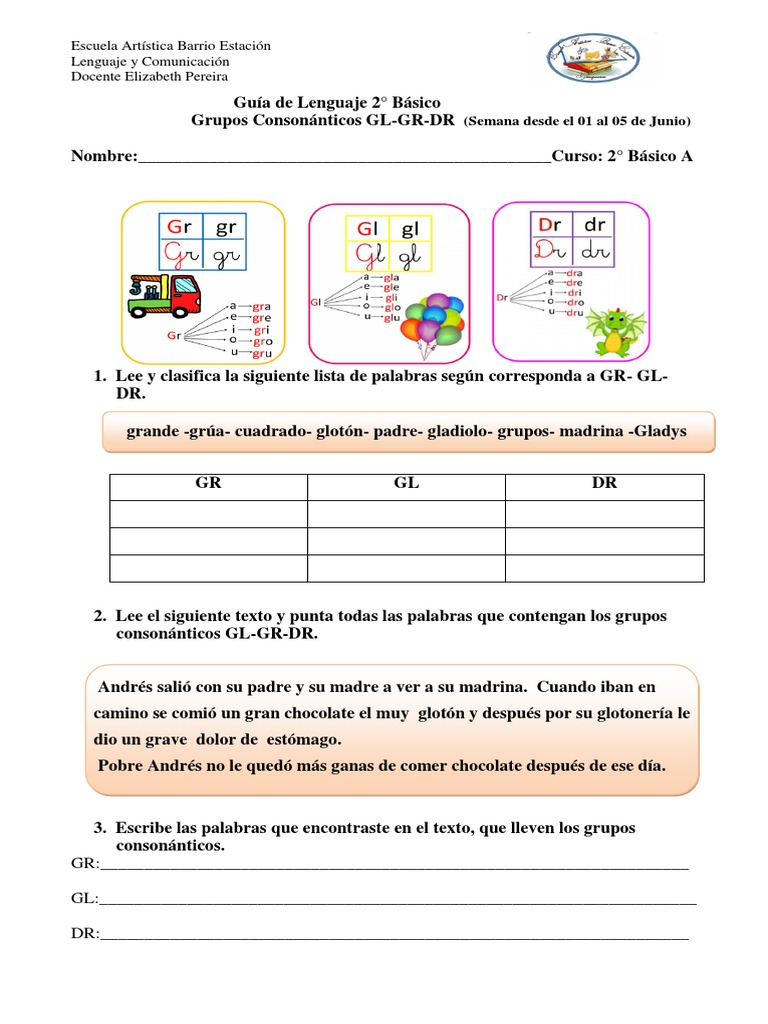 Guia Grupos Consonanticos GL-GR-DR | PDF