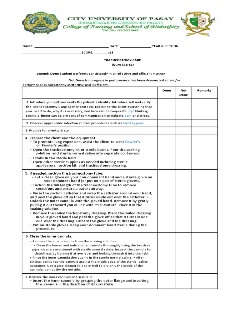 Tracheostomy Care Checklist | PDF | Clinical Medicine | Medical Specialties