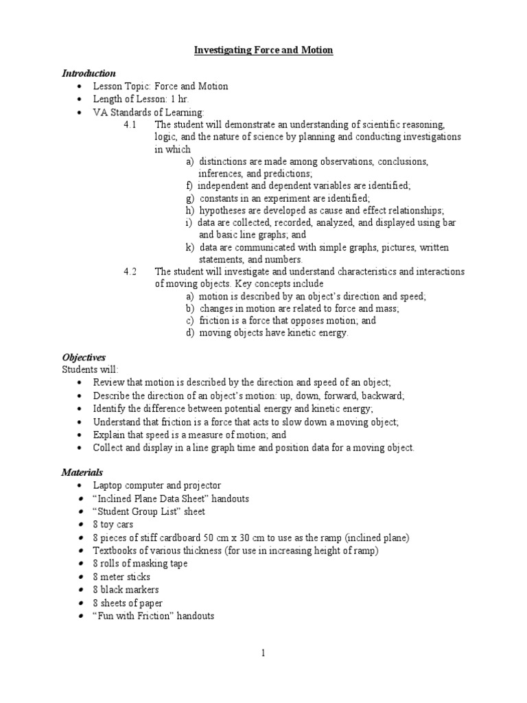Force and Motion Lesson Plan | PDF | Force | Friction