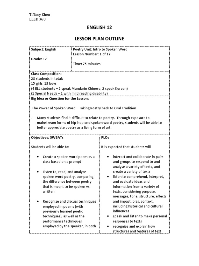 LLED 360 Lesson Plans 1 5 | PDF | Poetry | Lesson Plan