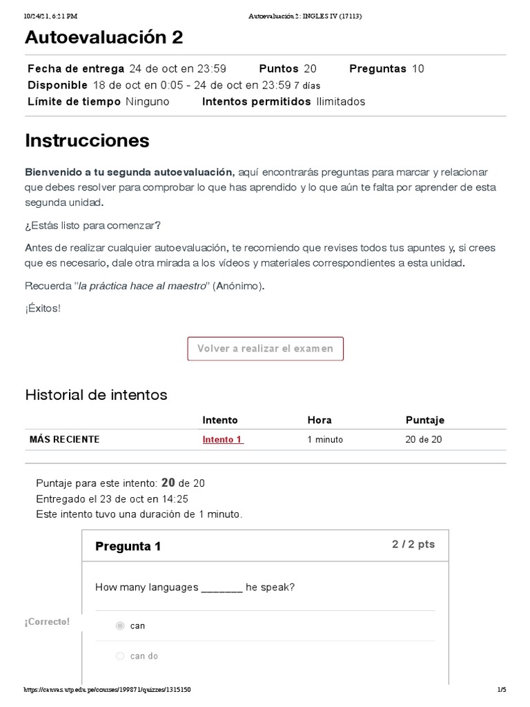 Autoevaluación 2 - INGLES IV | PDF