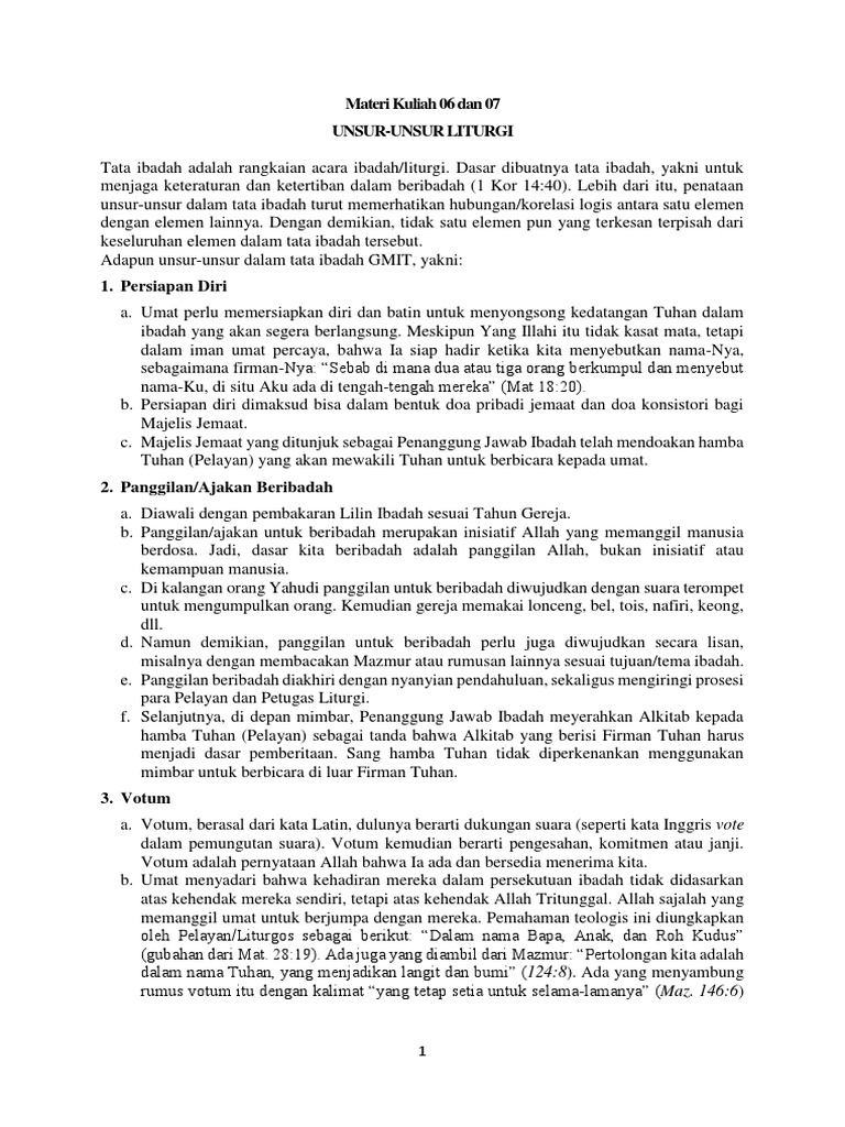 Materi Kuliah 06 Dan 07 UNSUR-UNSUR LITURGI GMIT | PDF