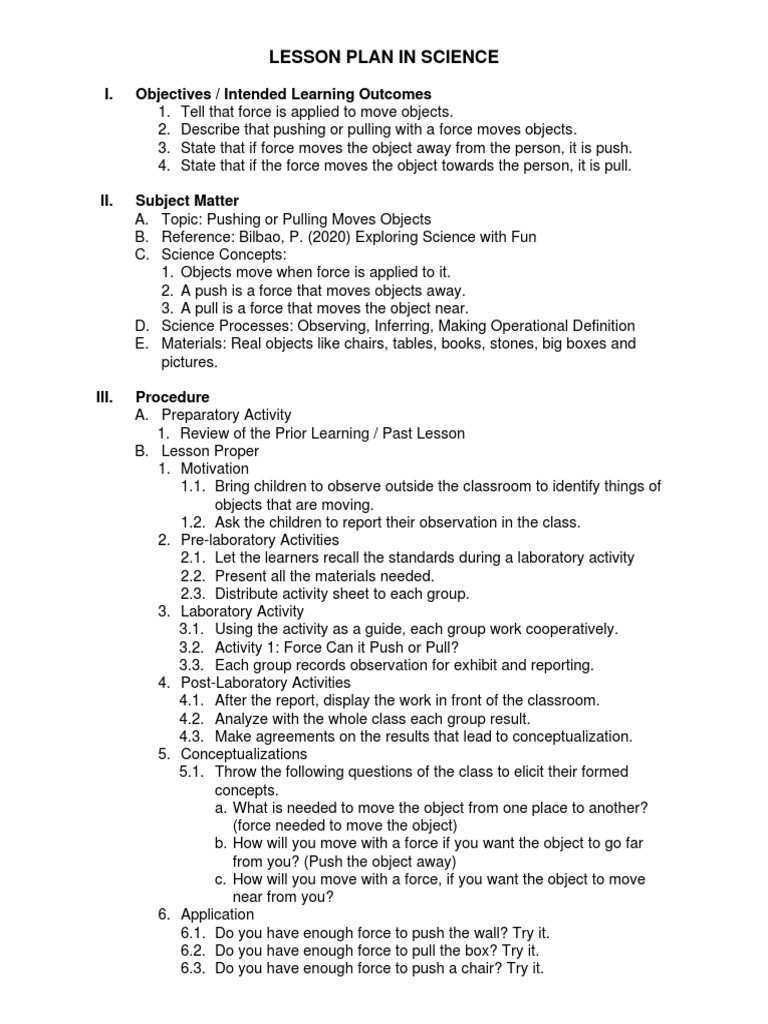 Lesson Plan in Science: I. Objectives / Intended Learning Outcomes ...
