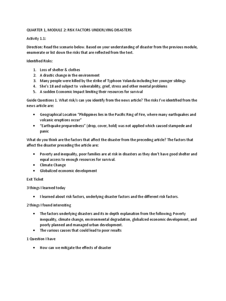 Quarter 1, Module 2 Risk Factors Underlying Disasters | PDF | Risk ...