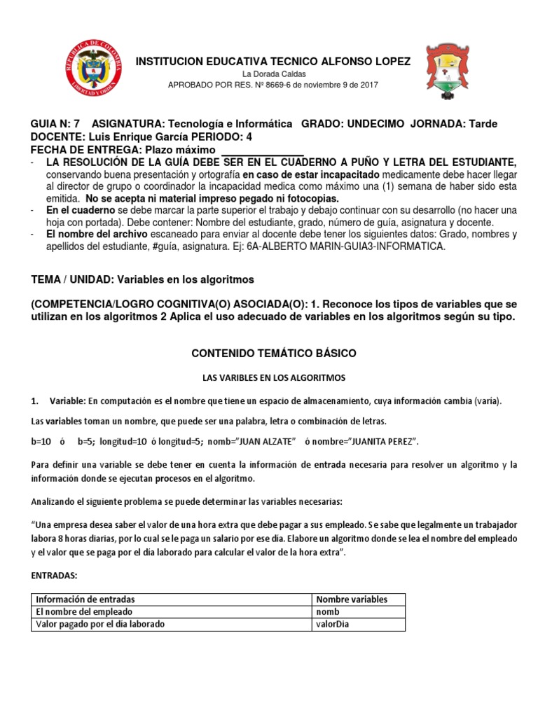 11° INFORMATICA Luis Enrique | PDF | Algoritmos | Variable (informática)