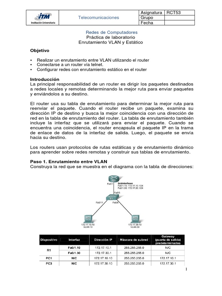 Lab 6 - Enrutamiento VLAN y Estático | Descargar gratis PDF | Enrutador (Computación) | Dirección IP