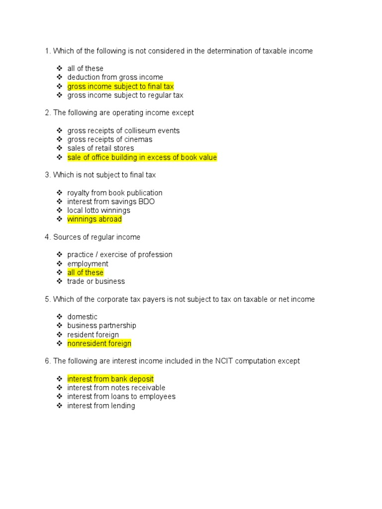 Income Taxation Finals Quiz 2 | PDF | Gross Income | Taxes