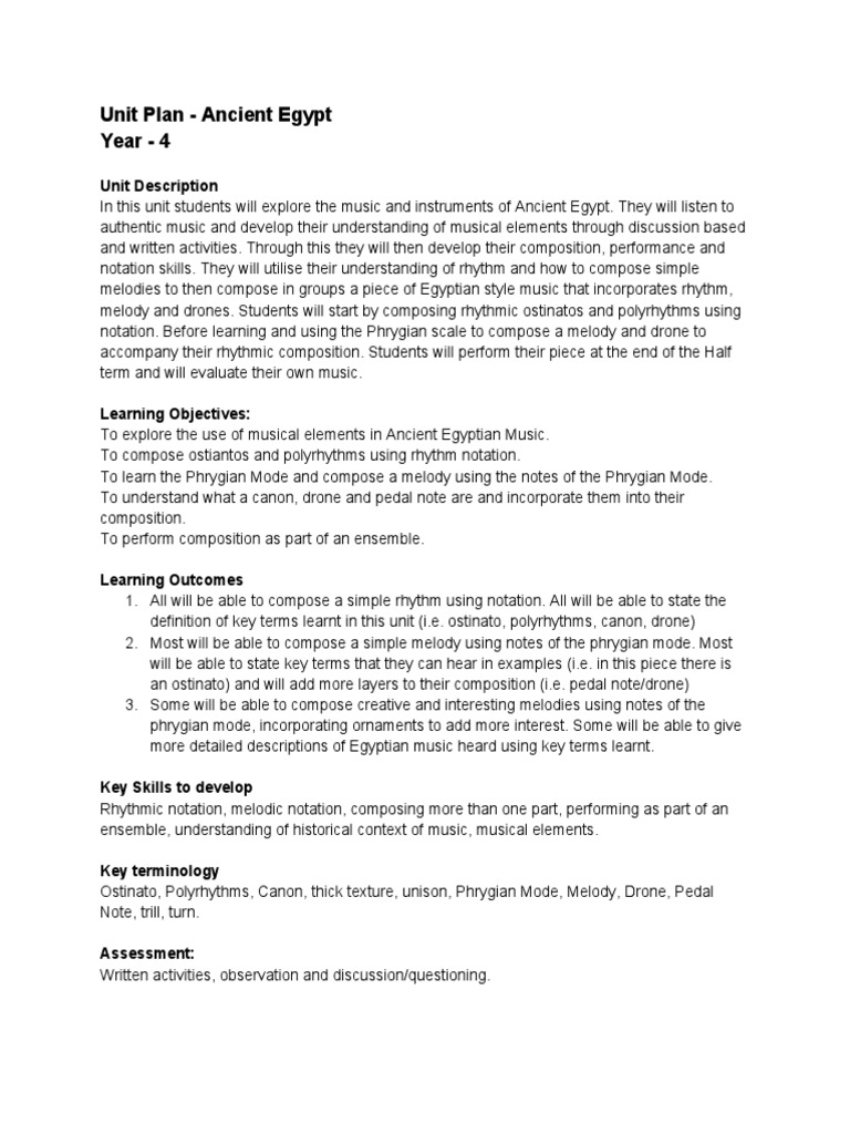 Unit Plan - Ancient Egypt Year - 4 | PDF | Musical Compositions | Rhythm