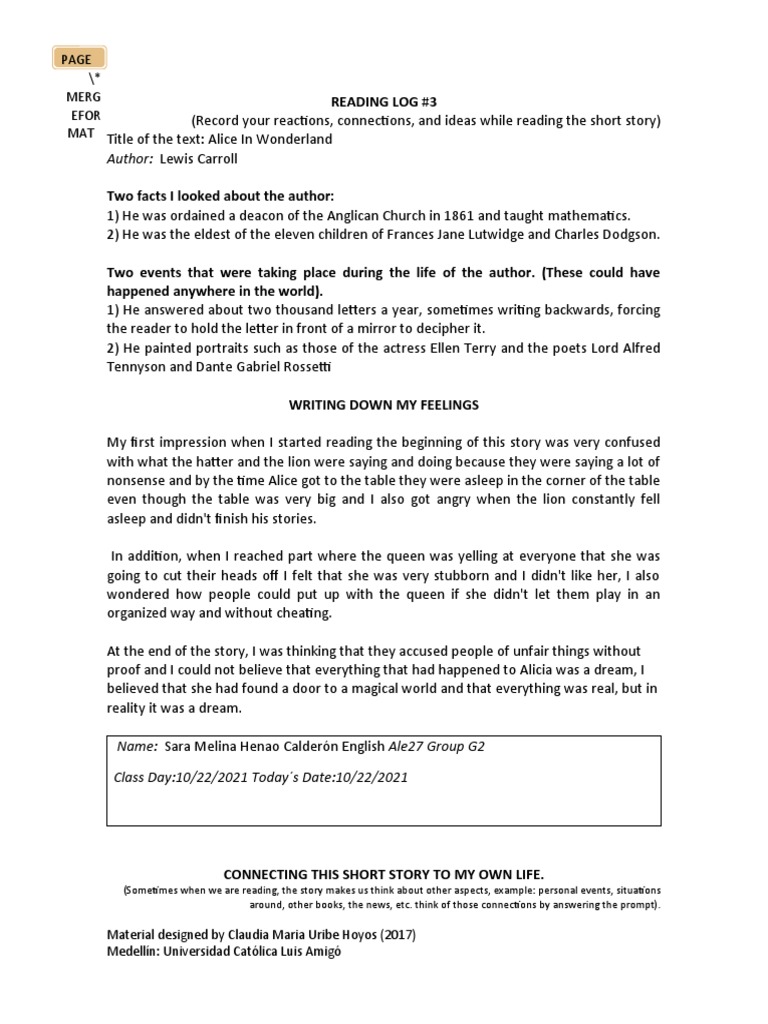 Students Reading Log #3 | PDF | Lewis Carroll