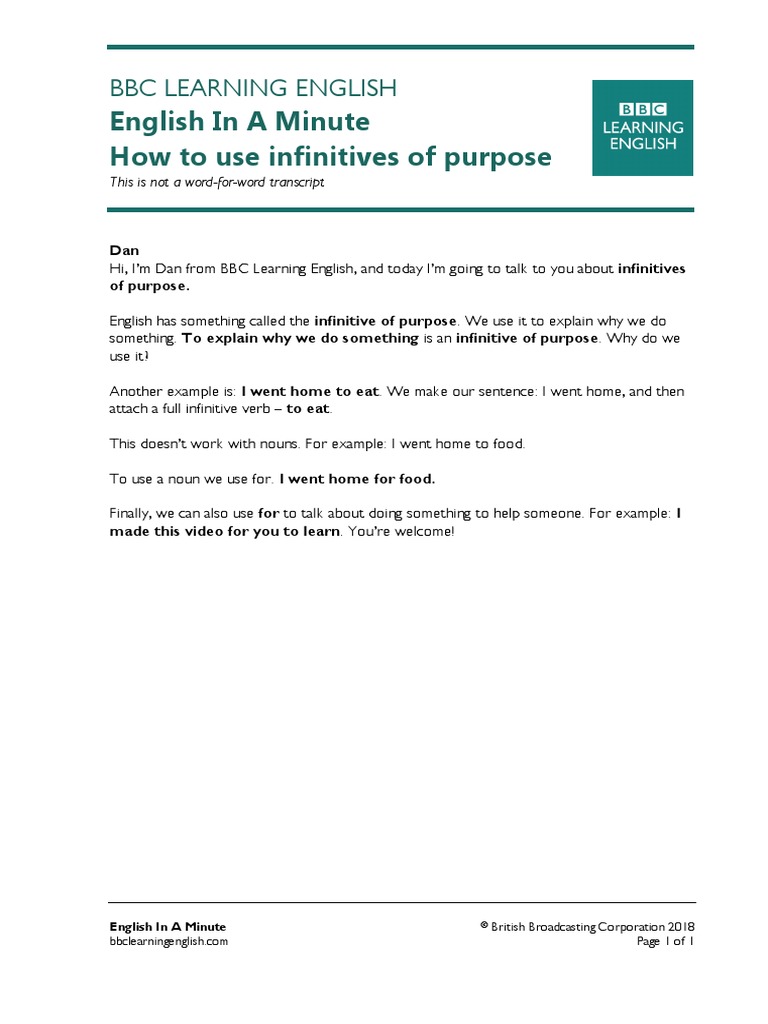 English in A Minute How To Use Infinitives of Purpose | PDF | Language ...