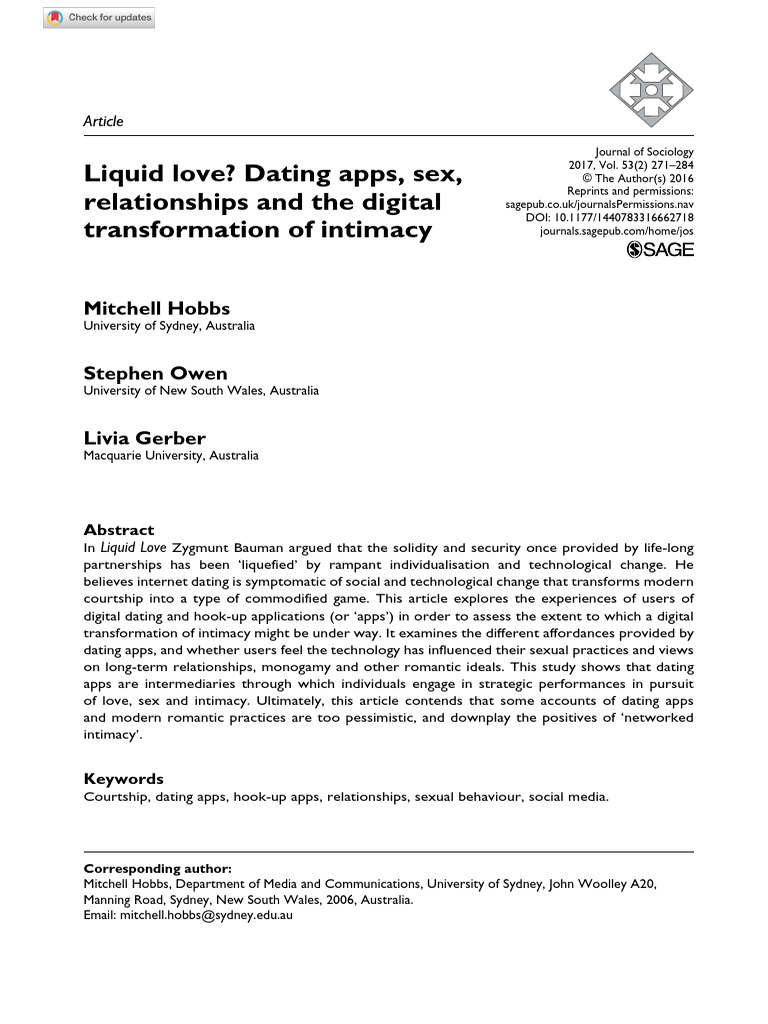 Liquid Love? Dating Apps, Sex, Relationships and The Digital ...