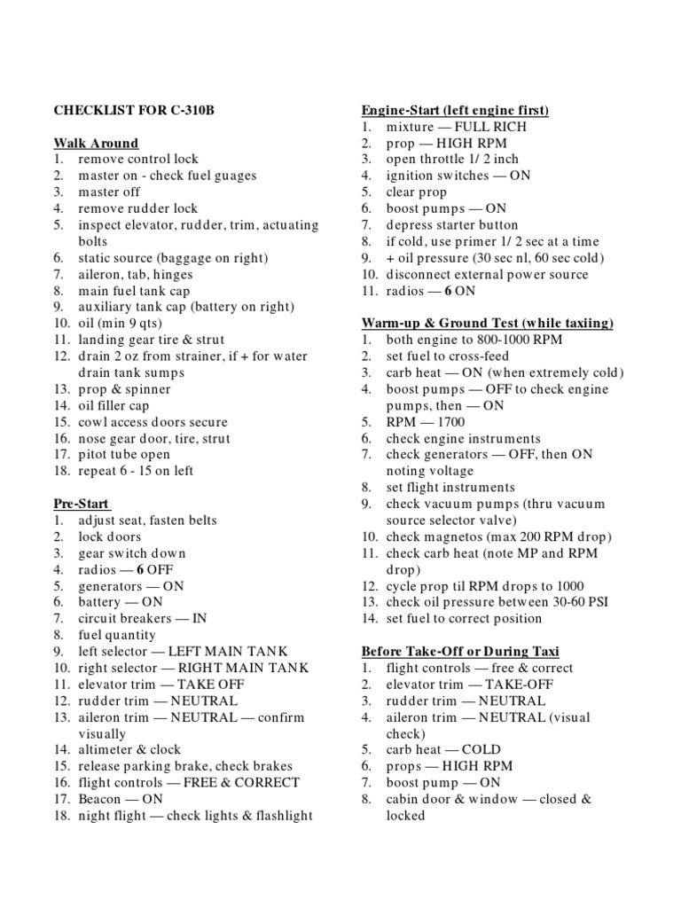 CHECKLIST CESSNA - C310b | PDF | Flight Control Surfaces | Turbocharger
