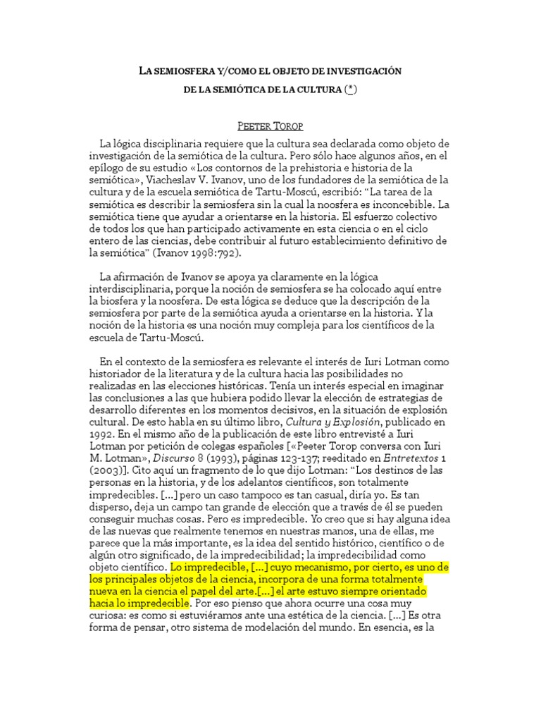 La Semiosfera en La Semiótica de La Cultura TOROP | PDF | Comprensión ...