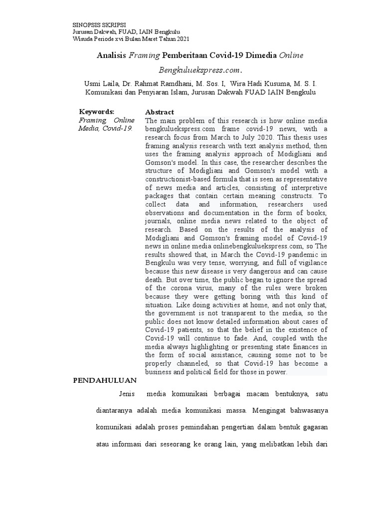 Analisis Framing Pemberitaan Covid-19 Dimedia Online: Keywords | PDF