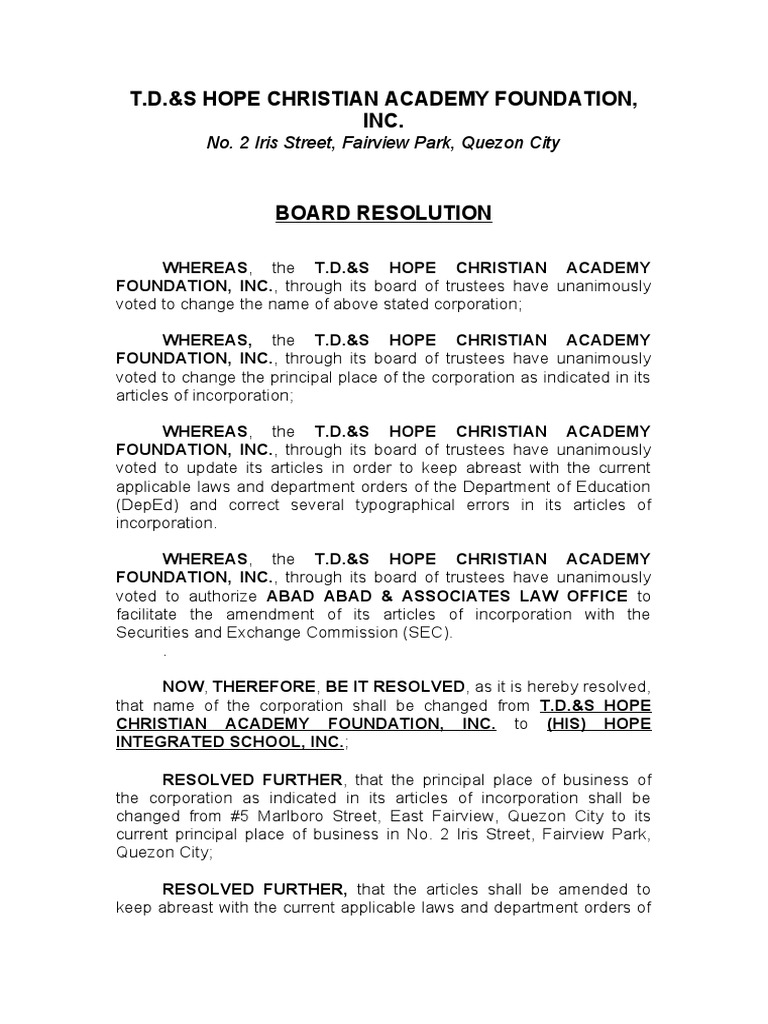 BOARD RESOLUTION and SECRETARY'S CERTIFICATE 2ND DRAFT - A4 | PDF | Justice | Crime & Violence