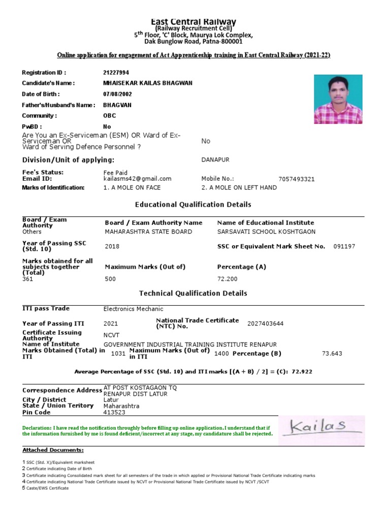 Railway Recruitment Cell - East Central Railway KAILAS MHAISHEKAR | PDF