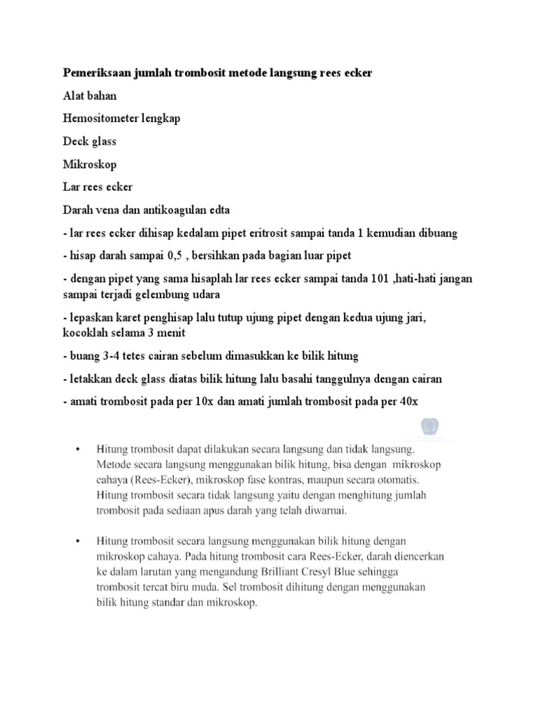 Pemeriksaan Jumlah Trombosit Metode Langsung Rees Ecker | PDF