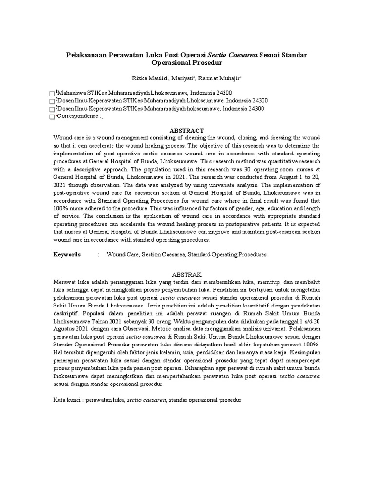 Pelaksanaan Perawatan Luka Post Operasi Sectio Caesarea Sesuai Standar ...