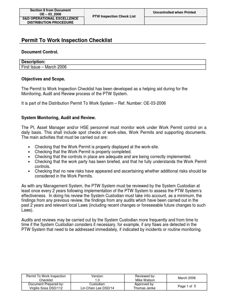 PTW Checklist | PDF | Audit | Safety