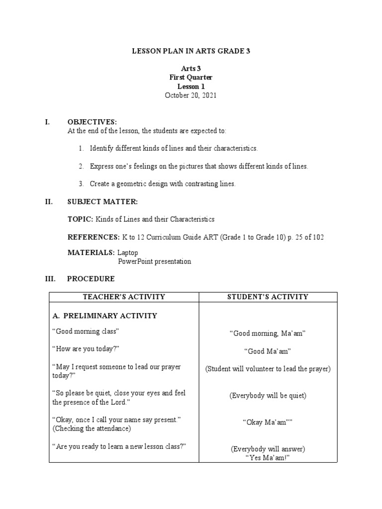 Line Lesson Plan (Bernabe, Xyrelle Joy G.) BEED-3B | Download Free PDF ...