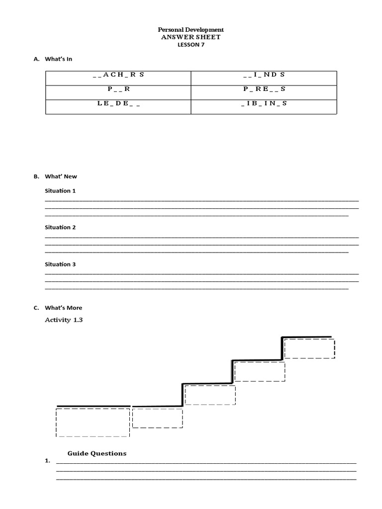 Answer Sheet: Personal Development Lesson 7 A. What's in | PDF ...