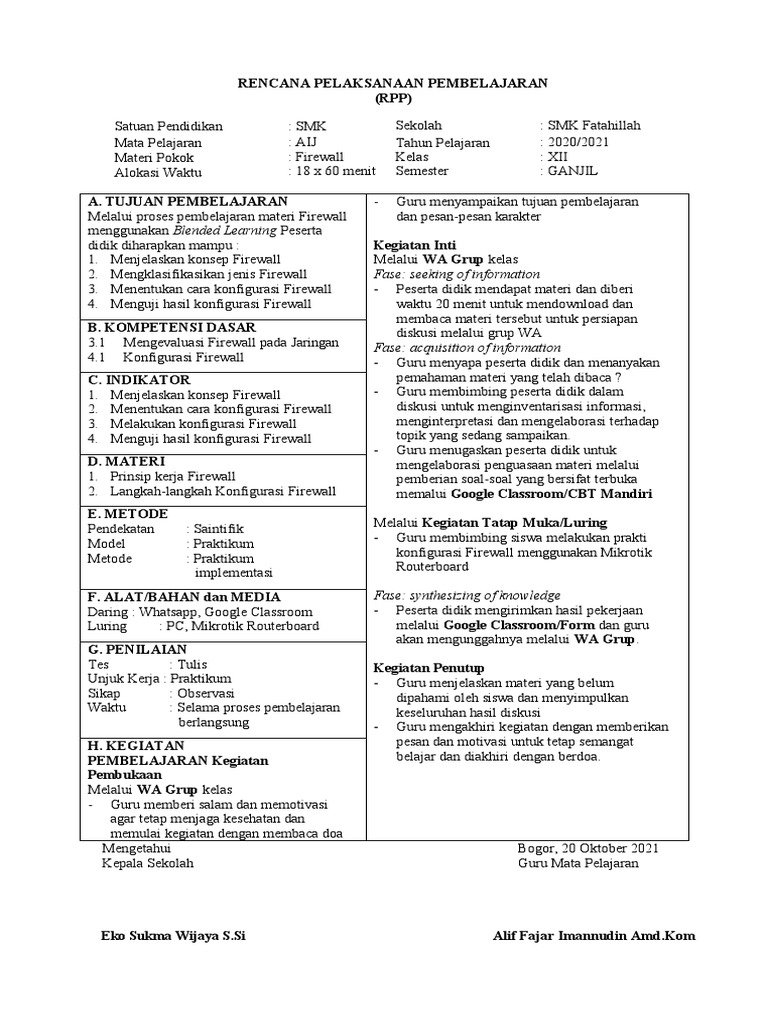 RPP Satu Lembar AIJ Kelas XII TKJ | PDF