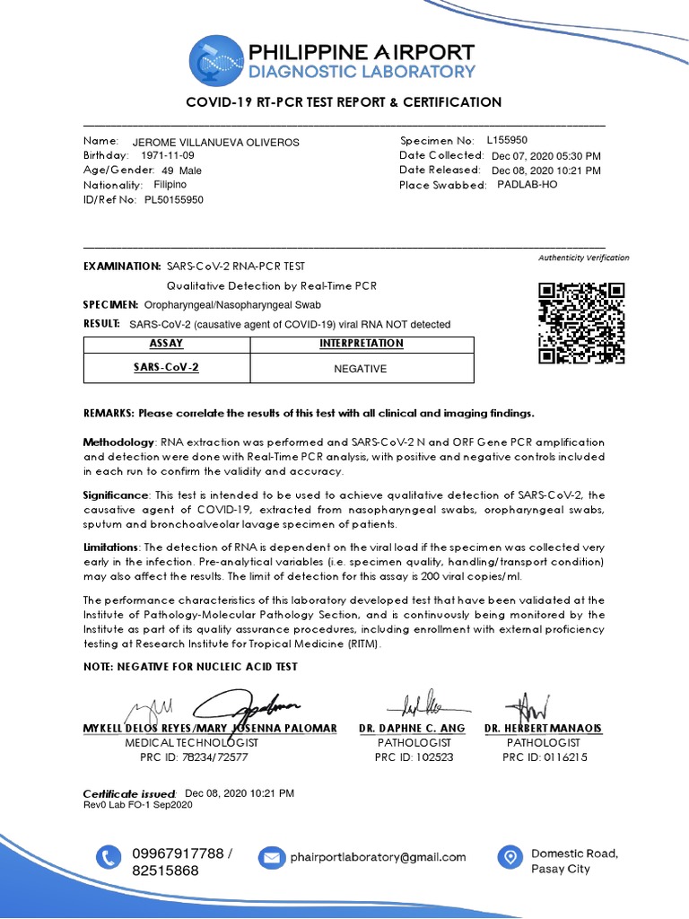 Covid-19 RT-PCR Test Report & Certification: Certificate Issued | PDF ...