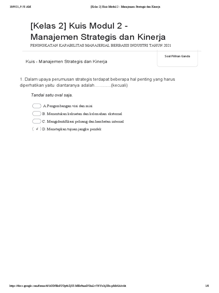 Kuis Modul 2 - Manajemen Strategis Dan Kinerja | PDF