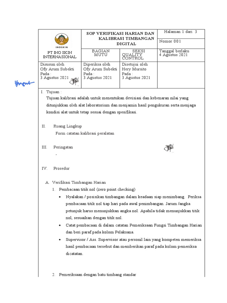 SOP Kalibrasi Timbangan | PDF