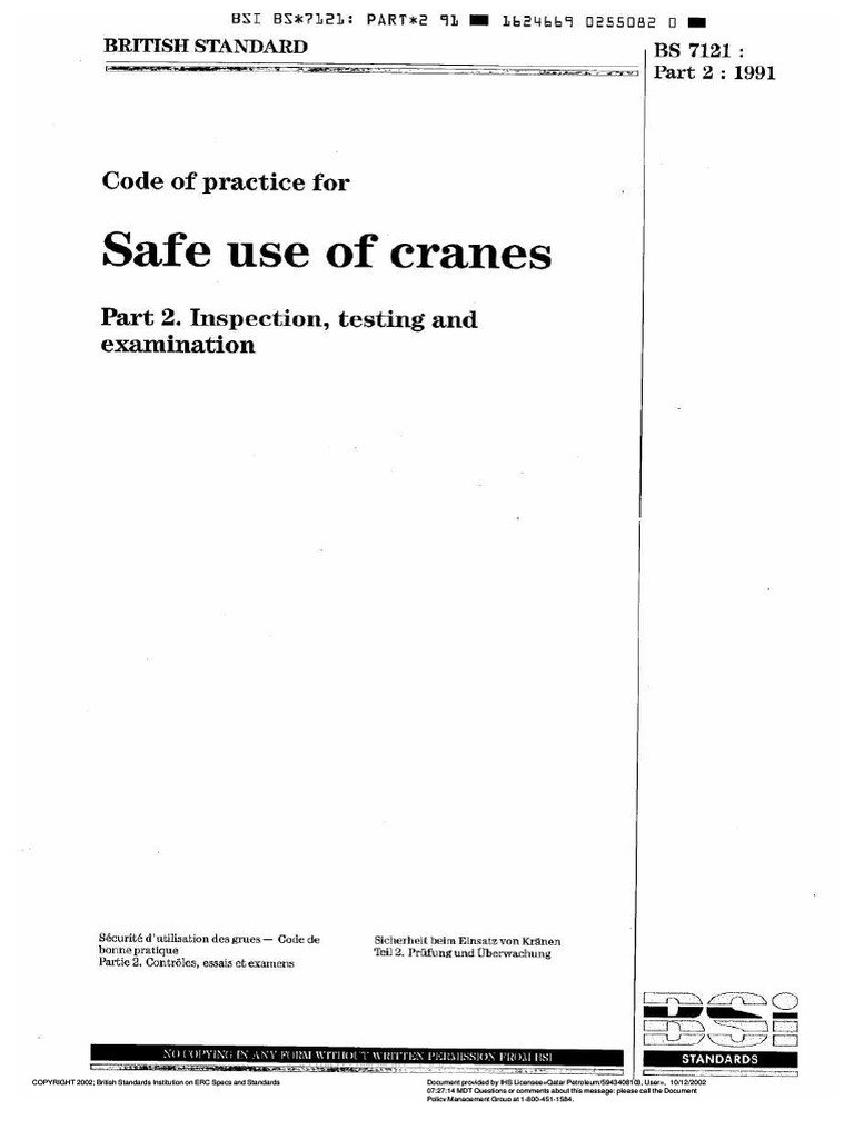 Bs 7121 Part2 Inspection and Testing of Cranespdf | Download Free PDF ...