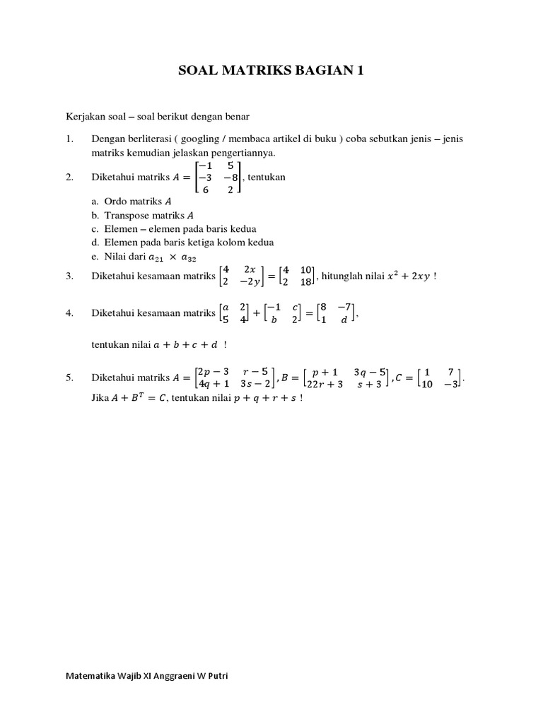 Soal Matriks Bagian 1 | PDF