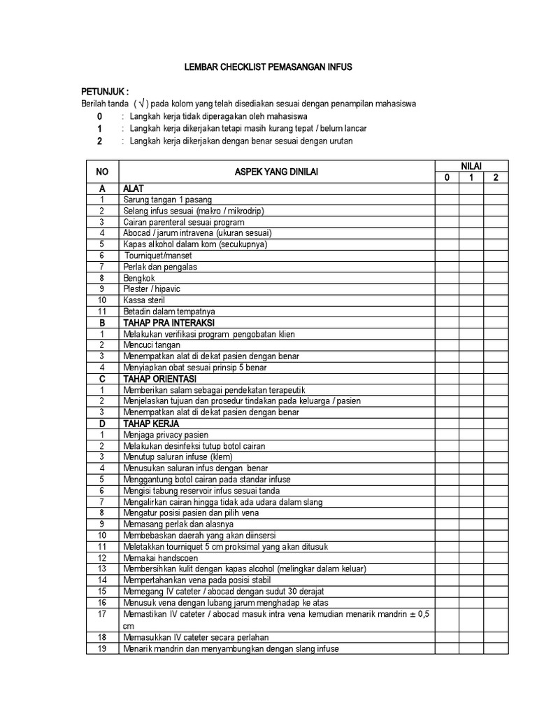 Lembar Checklist Pemasangan Infus | PDF