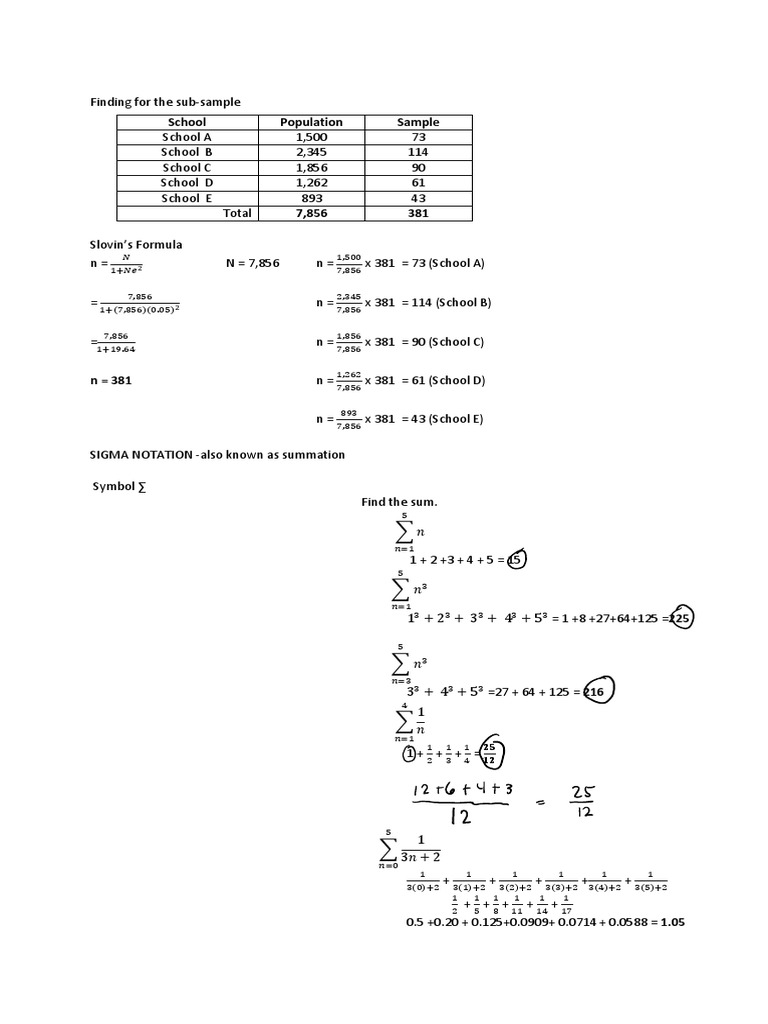 Finding sample sizes using Slovin's formula | PDF | Summation | Mathematics
