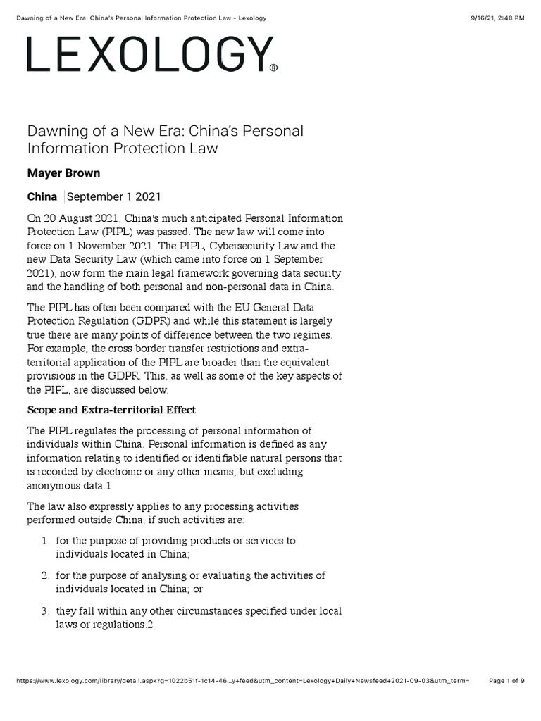 Dawning of A New Era: China's Personal Information Protection Law ...