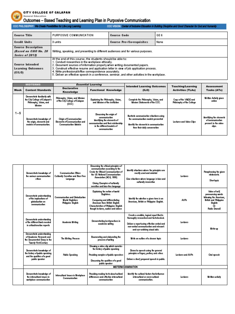 Outcomes - Based Teaching and Learning Plan in Purposive Communication ...